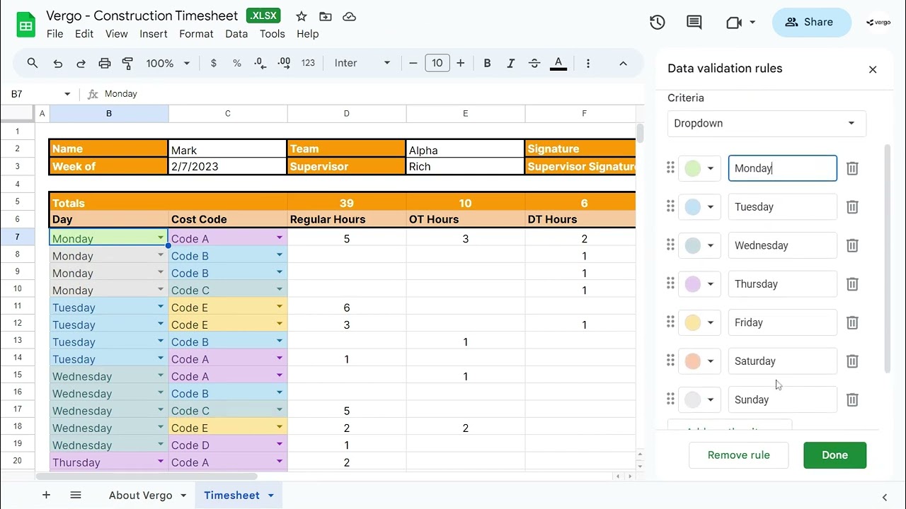 Vergo Construction Time Sheet Template in Google Sheets