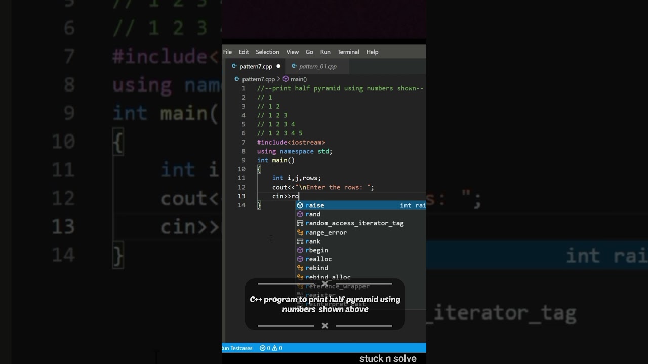 C++ program to print half pyramid using numbers shown| star pattern| #shorts