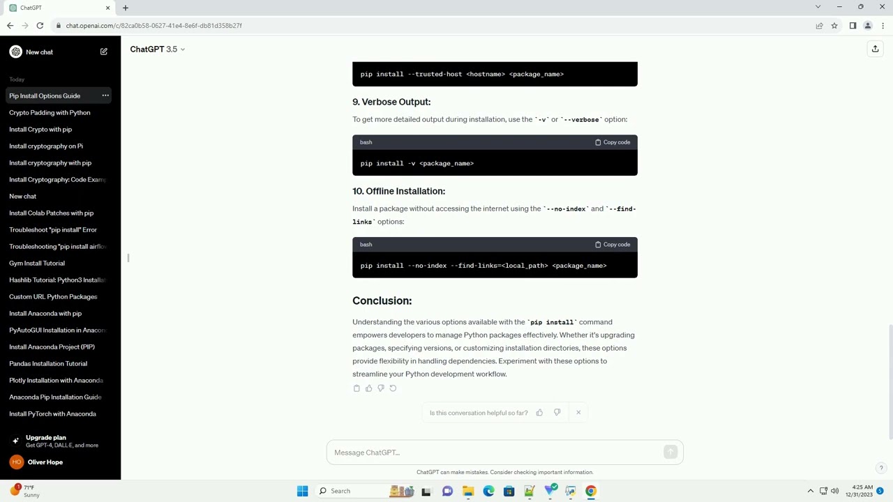 pip install options list
