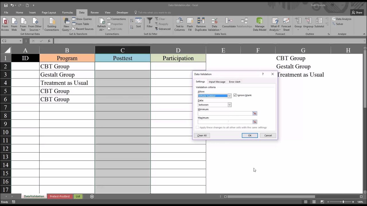 Excel Data Validation to Facilitate Correct Entry of Research Data