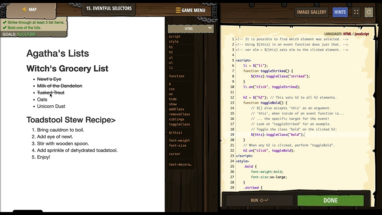 CodeCombat - Eventful Selectors - HTML