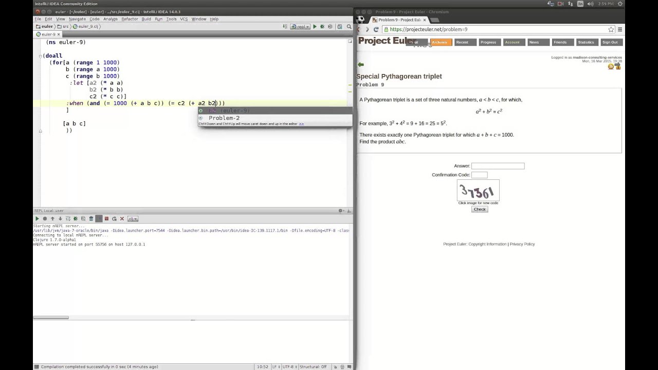Project Euler - Problem 9 - Pythagorean Triple - Solved in Clojure