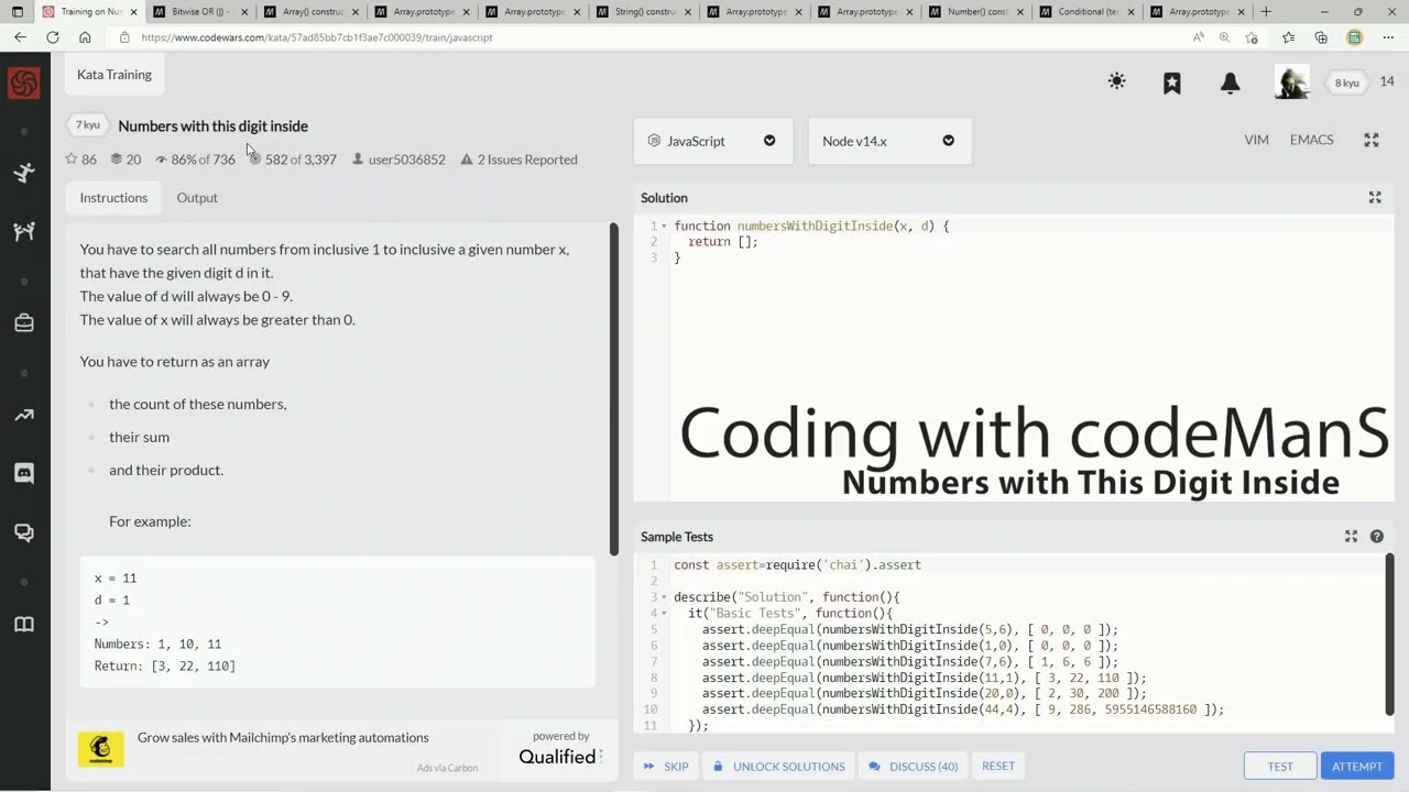 Codewars 7 kyu Numbers with This Digit Inside JavaScript