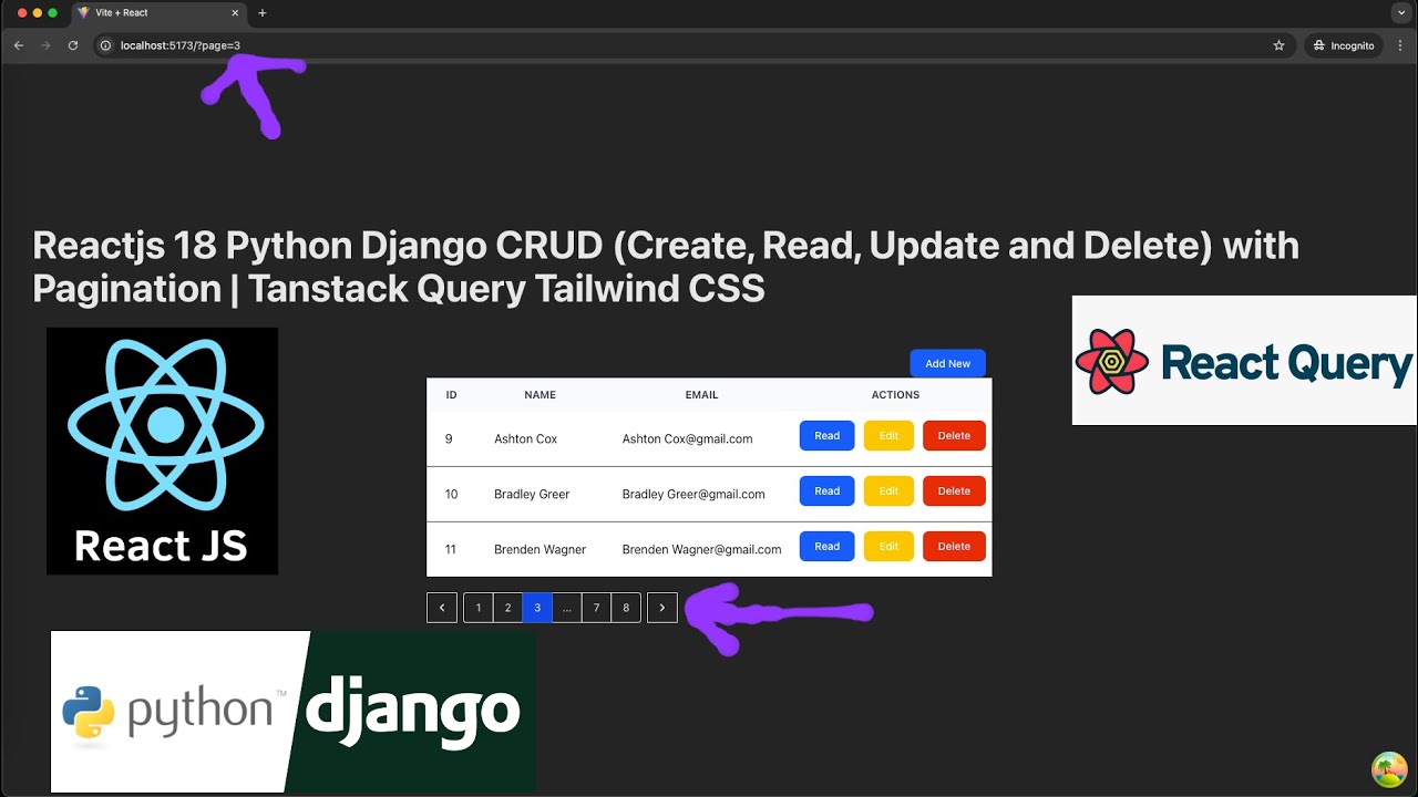 Reactjs 18 Python Django CRUD with Pagination | Tanstack Query Tailwind CSS