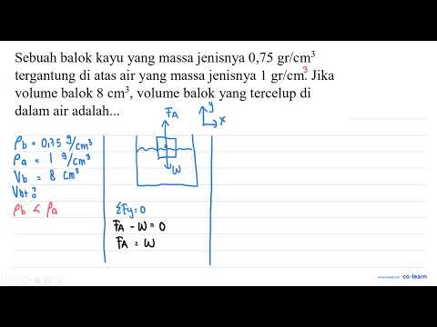 Sebuah balok kayu yang massa jenisnya 0,75 gr / cm^(3) tergantung di atas air yang massa jenisn...