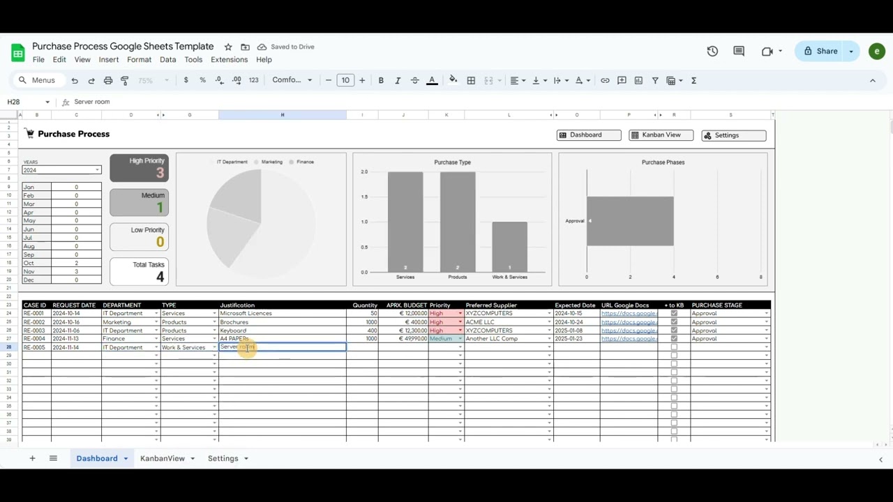 Purchase Process Google Sheets Template #procurement #kanbanboard #googlesheetstemplates