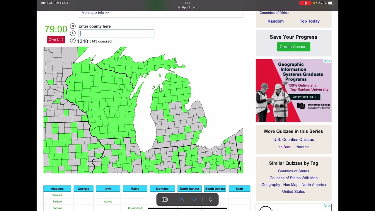 All 3,143 US Counties and County Equivalents (JetPunk) in 54:37