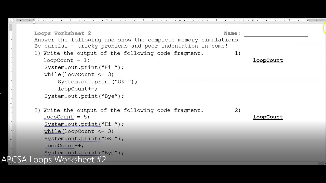 JAVA - Lesson #70 - APCSA Loops Worksheet #2