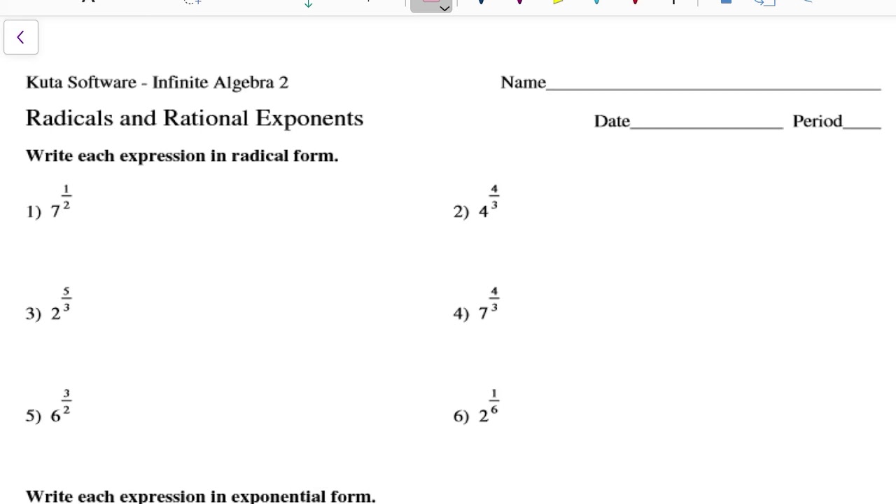 Algebra 2 Radicals and Rational Exponents Worksheet Examples