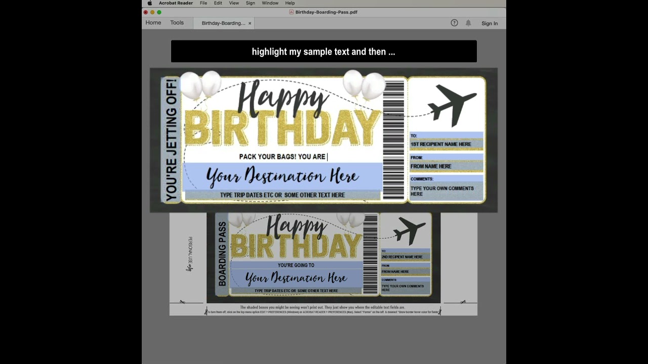 Printable Birthday Boarding Pass Plane Ticket Template #boardingpass #fakeplaneticket #surprisetrip