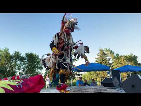 Josh Atcheynum performs men's traditional dance at grand opening of Cannon Ball solar farm