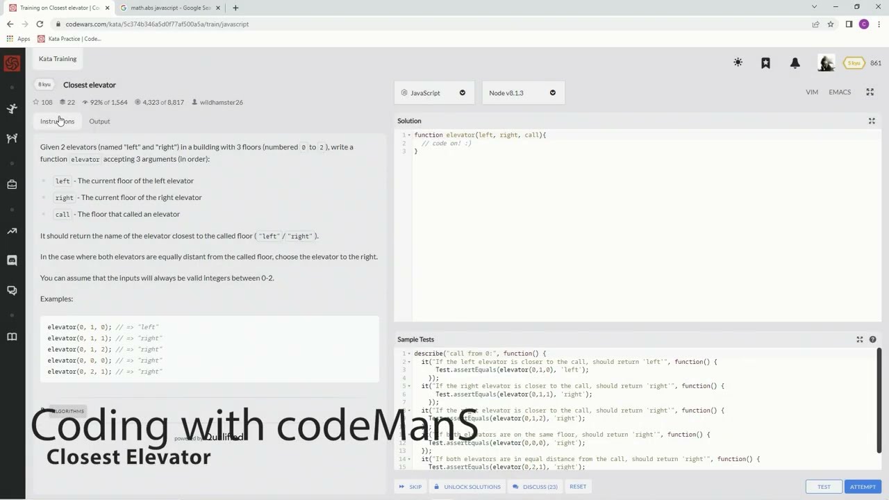 Codewars 8 kyu Closest Elevator JavaScript