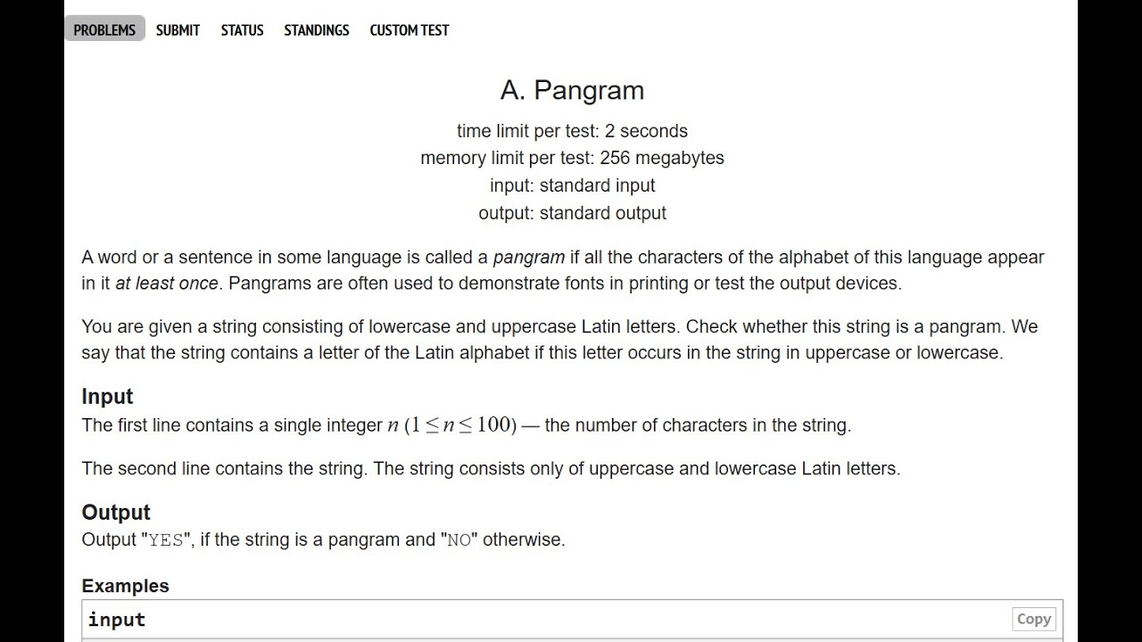 A. Pangram codeforsess || Java
