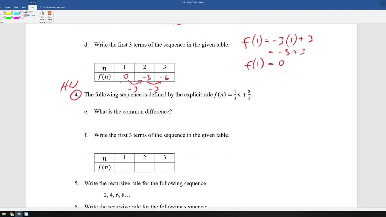 Algebra Unit 3 Study Guide Functions and Sequences