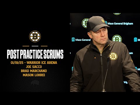 Sacco, Marchand, and Lohrei speak after practice at Warrior Ice Arena
