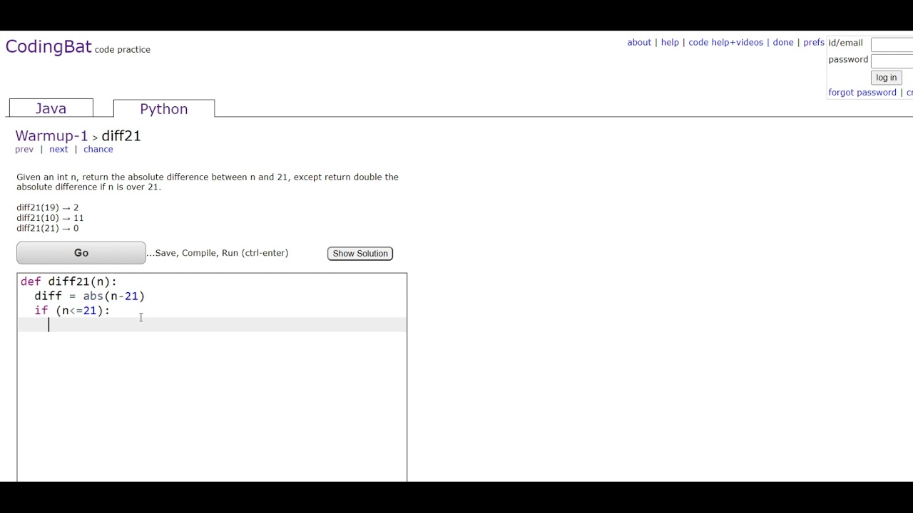 Warmup-1 (diff21) Python Tutoriall || Codingbat.com