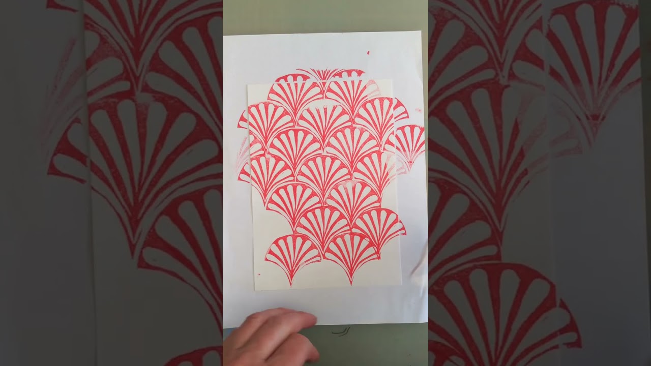 Printing a repeat pattern Linocut stamp - Pink Fan