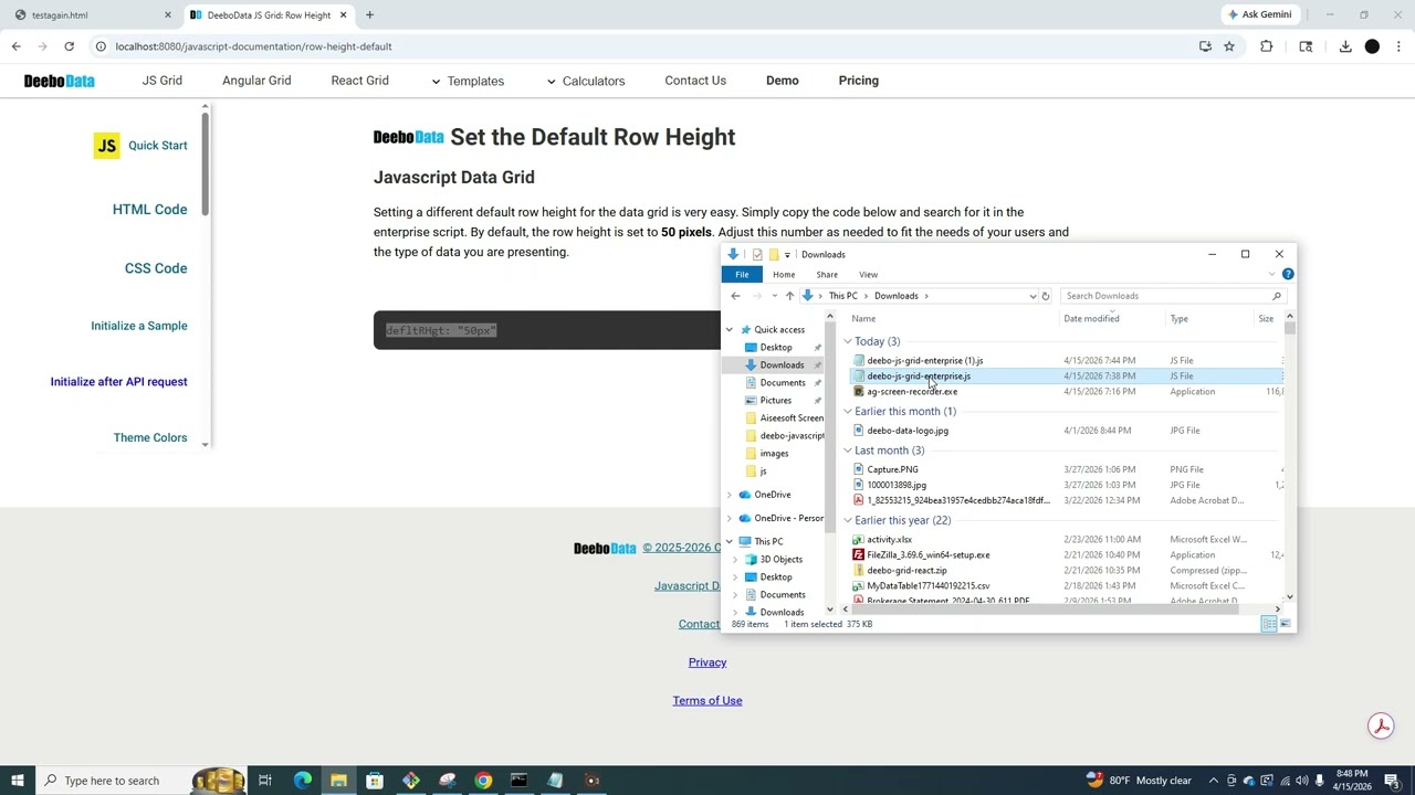 DeeboData JavaScript Data Grid - Default Row Height