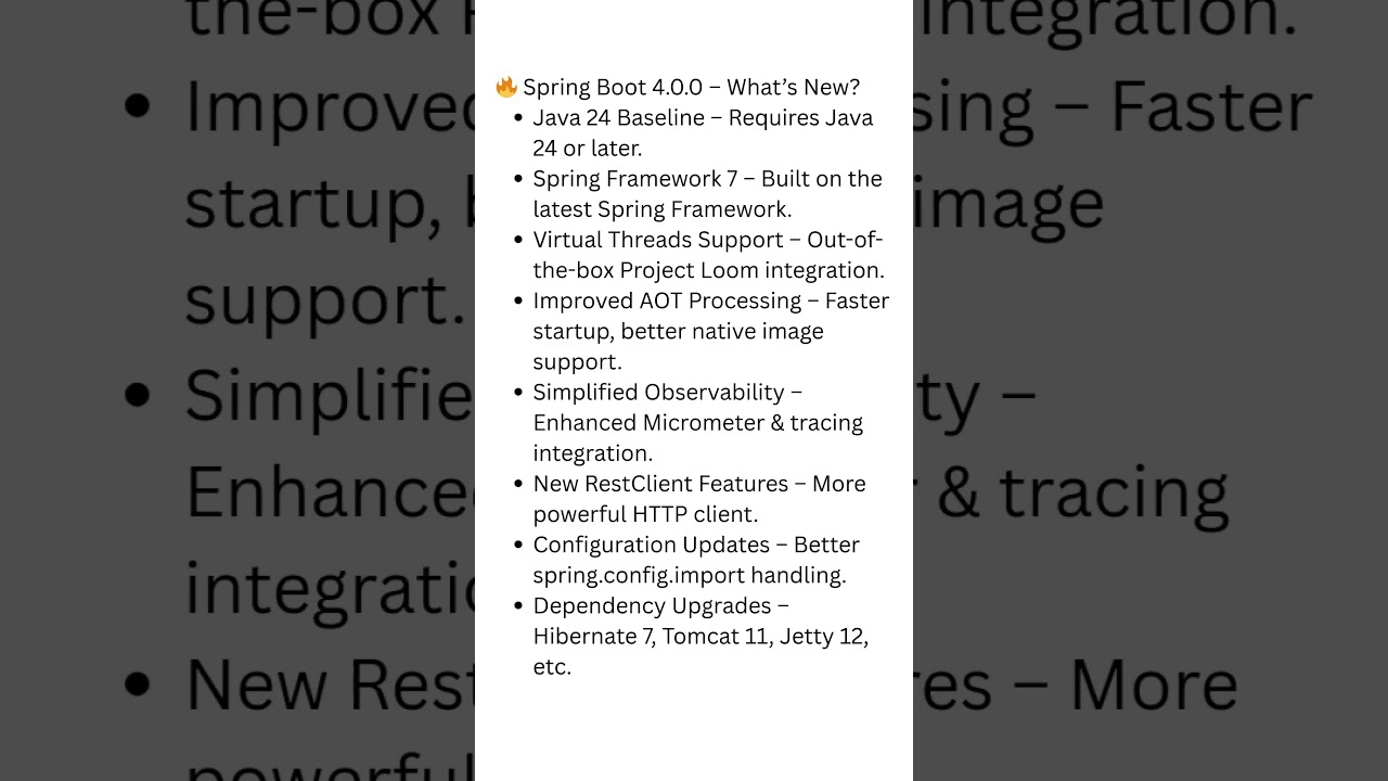 🚀 Spring Boot 4.0 – Top New Features in 30 Seconds! ⚡ | Java 24 + Spring Framework 7