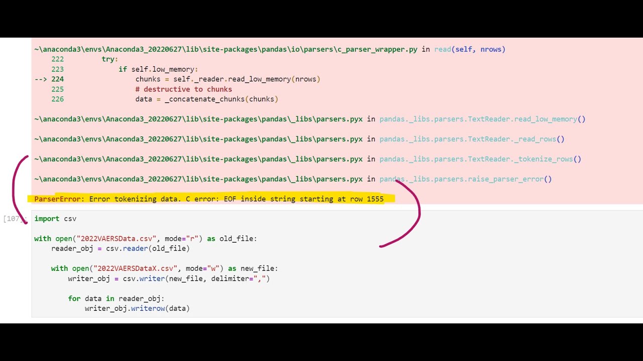 EOF End of File Tokenize error Pandas CSV import -CDC VAERS DATA