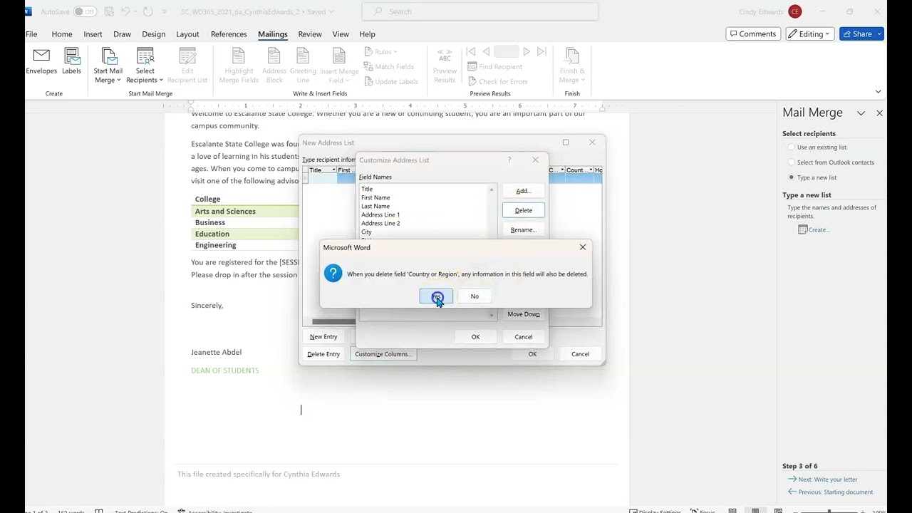 Word 365/2021 Cengage/SAM Word Module 6 Project 1A Using Mail Merge - S. Cashman