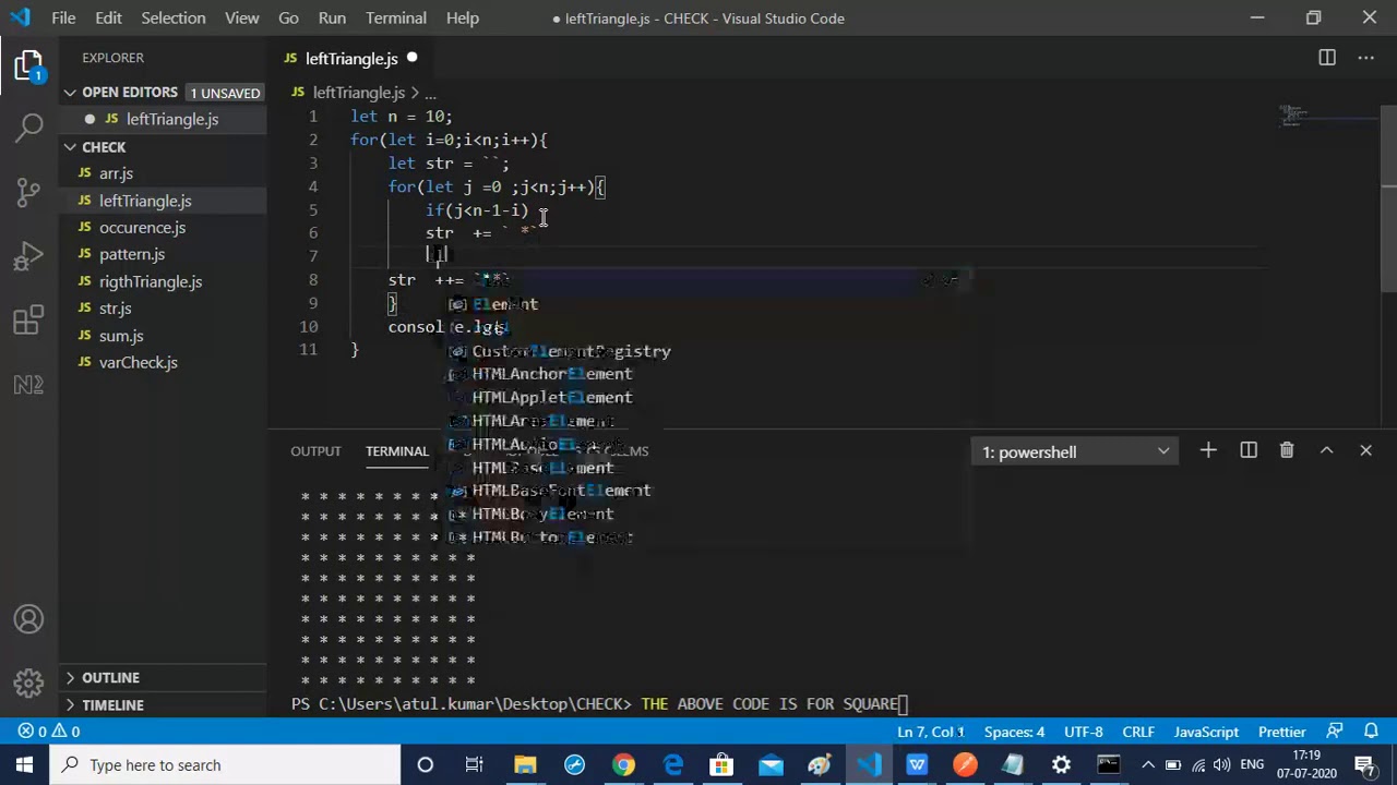LEFT ANGLE TRIANGLE USING NODEJS/JAVASCRIPT