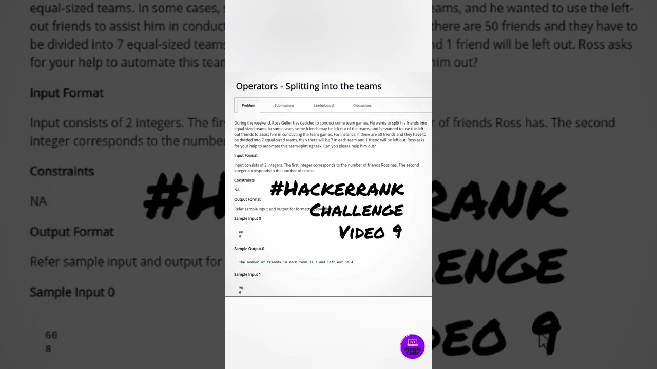 Splitting Teams| Hackerrank Challenge| Video 9| @PurpleCode404 @HackerrankOfficial #shorts #code