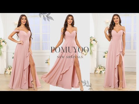 POMUYOO | A-Line Spaghetti Straps Ruched Slit Floor Length Chiffon Bridesmaid Dresses