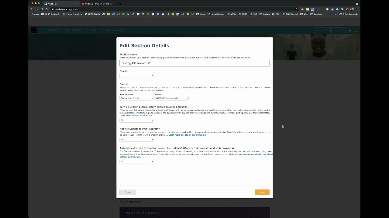 Code.org - Teacher setup of class sections