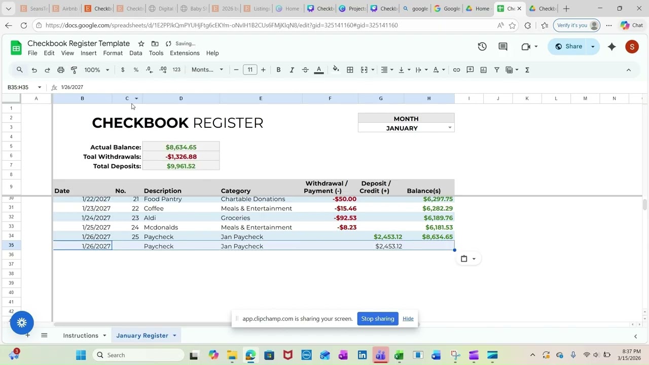 Checkbook Register Excel and Google Sheets Template