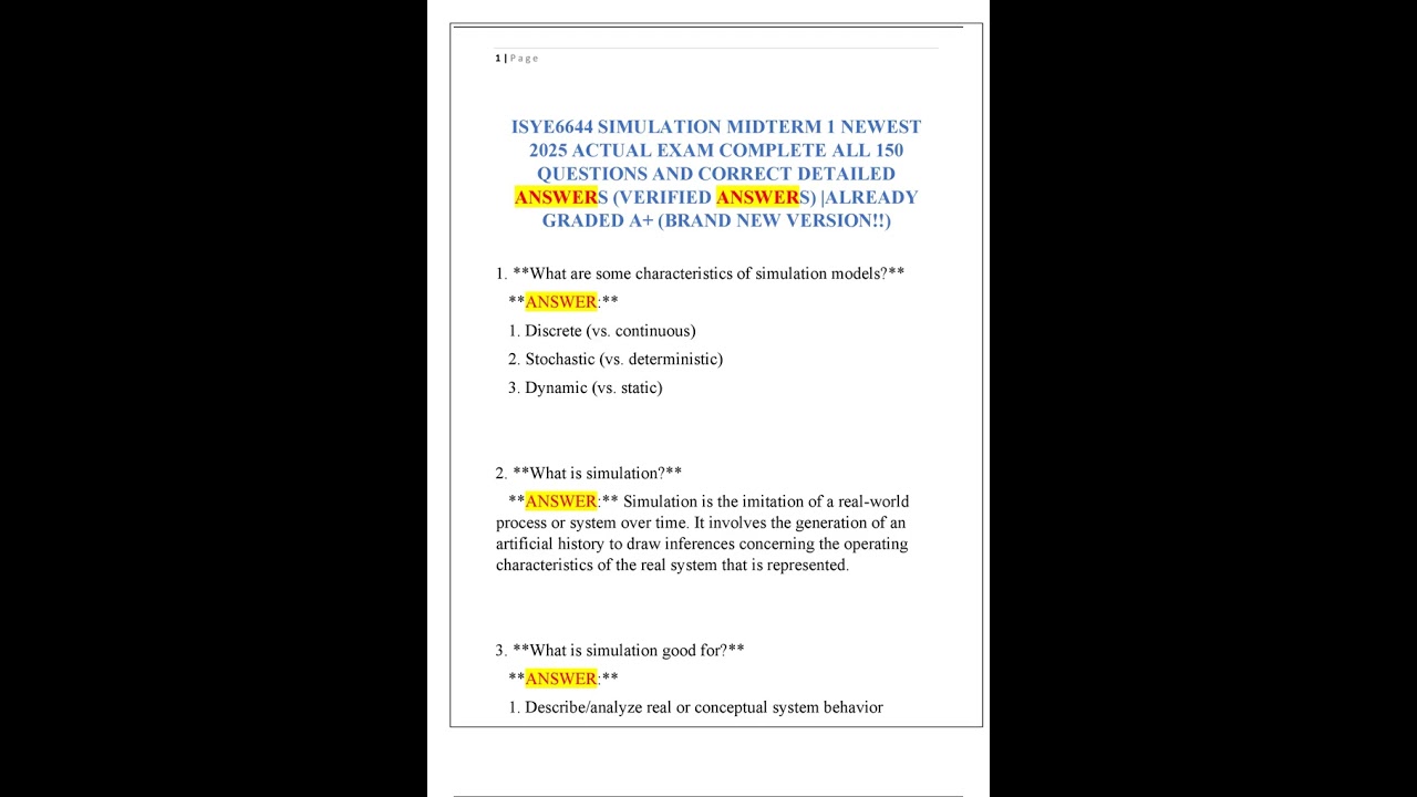 ISYE6644 SIMULATION MIDTERM 1 NEWEST 2025 ACTUAL EXAM COMPLETE ALL 150 QUESTIONS AND CORRECT DETAILE