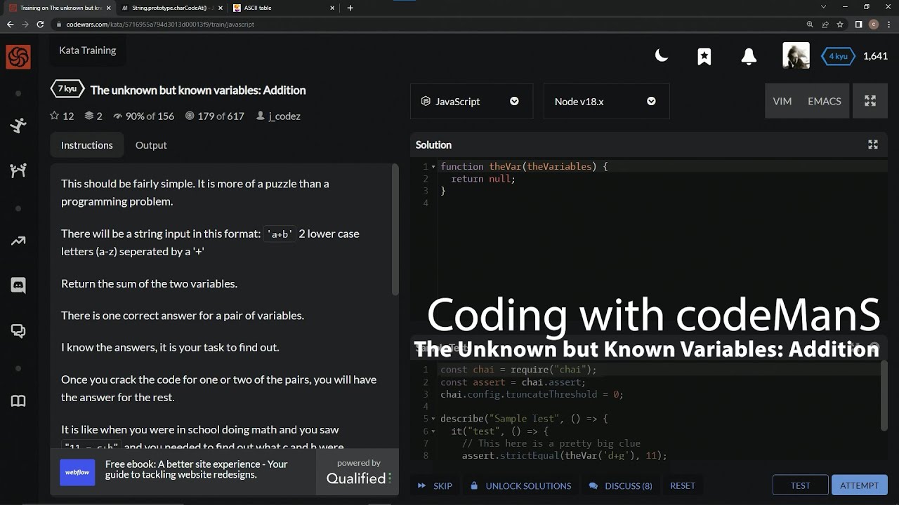 Codewars 7 kyu The Unknown but Known Variables: Addition Javascript