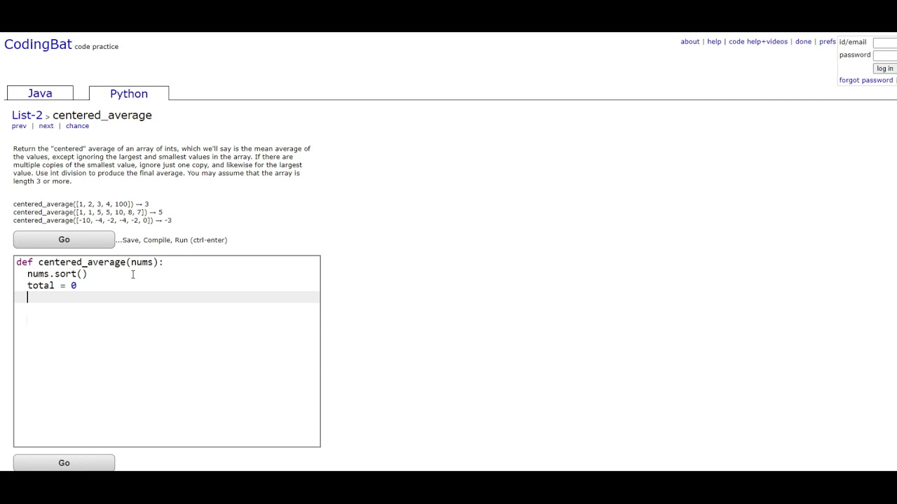 List-2 (centered_average) Python Tutorial || Codingbat.com