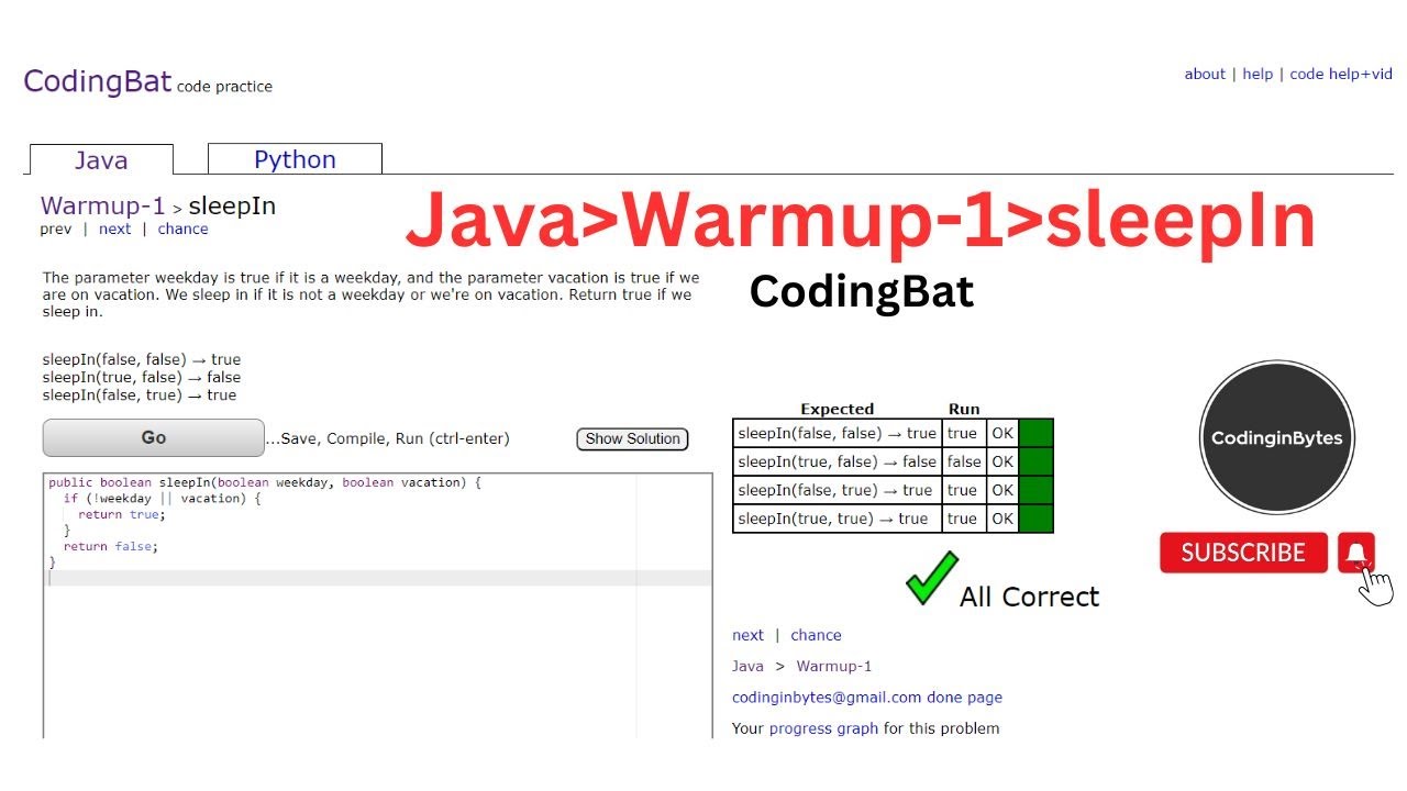 CodingInBytes Java Warmup-1 SleepgIn