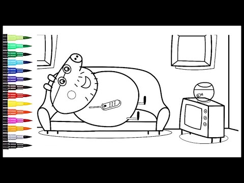 Peppa Pig Daddy Pig Watching TV Coloring Book Pages Video For Kids with Colored Markers | Let's do