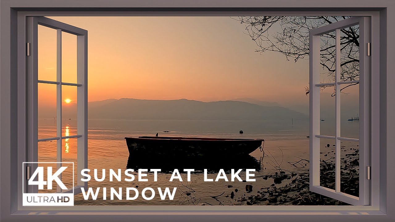 4K Sunset at lake window view - Relaxing, Calming, Ambience, white noise (ASMR)
