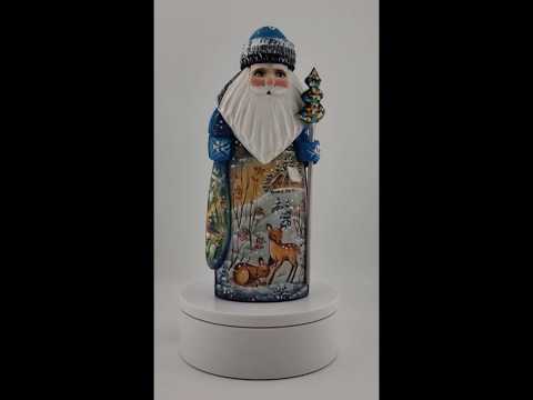 Hand Carved Wooden Santa Claus With Painted Winter Deer Scene Russian