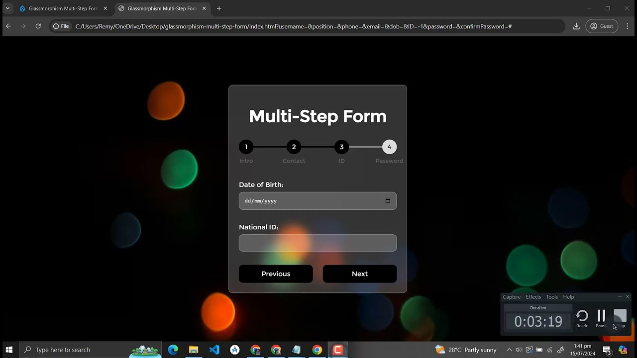 Glassmorphism Multi-Step Form Using HTML, CSS and JavaScript with Source Code