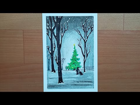 Easy Christmas Tree Scenery Drawing With Oil Pastel || Christmas Drawing Ideas Step By Step