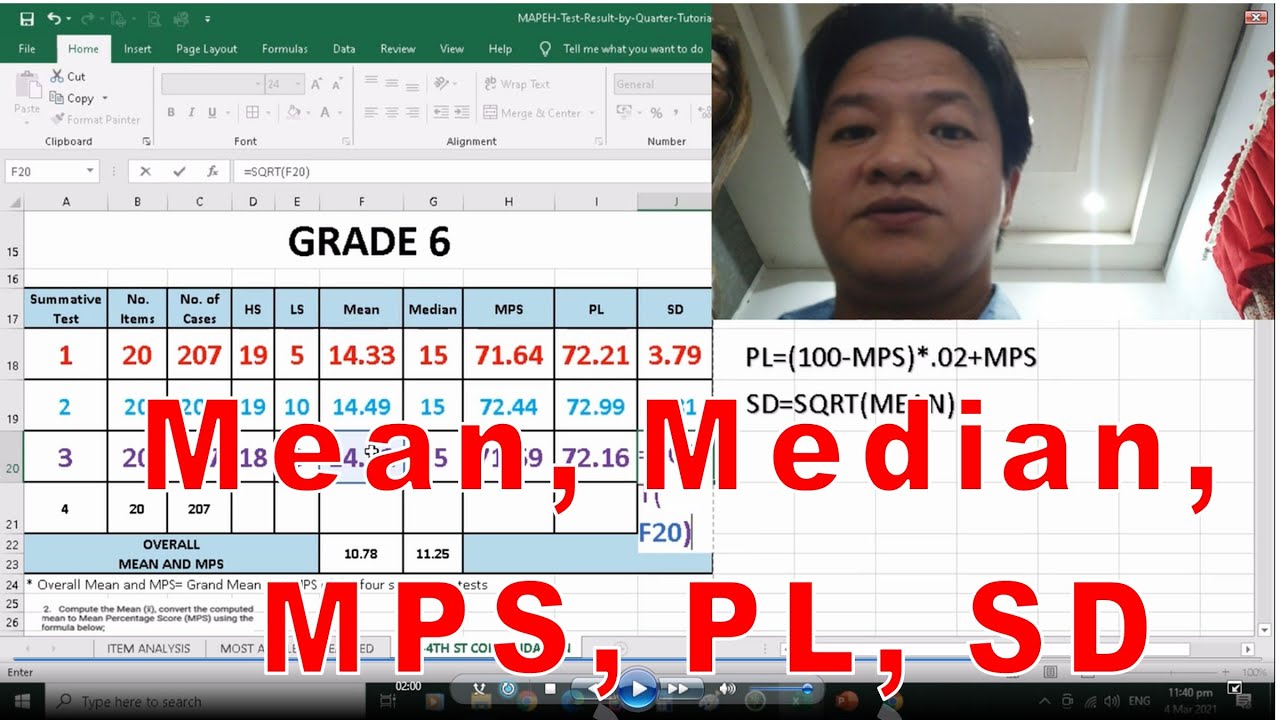 Mean, Median, MPS, PL, SD