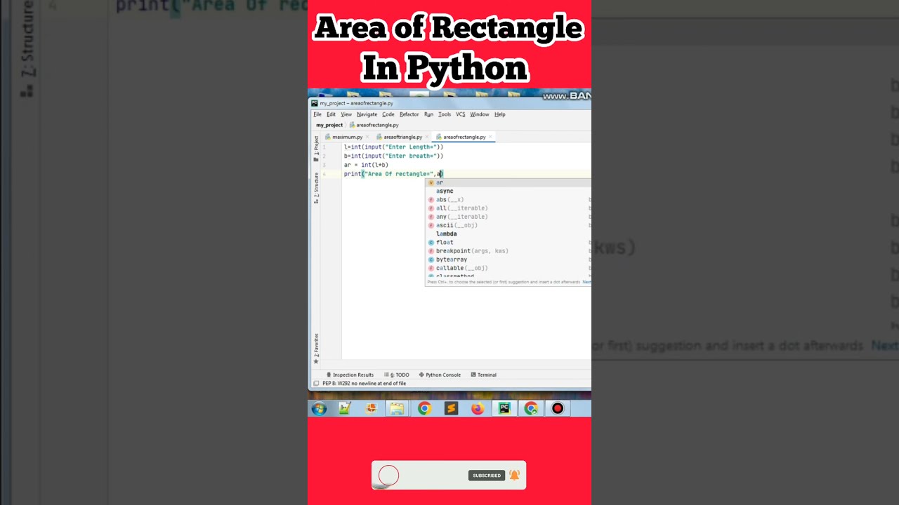 Area of Rectangle Program in Python ll #shorts ll #short ll #shortvideo ll #shortsfeed  #shortsvideo