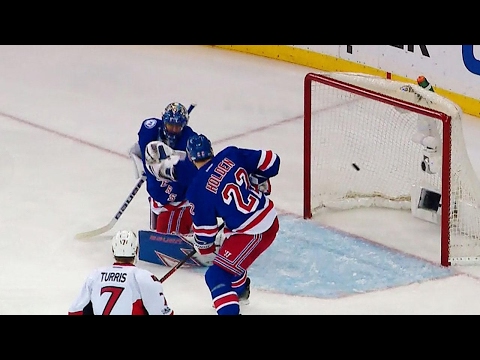 Hoffman gets good wood on Karlsson shot to open scoring