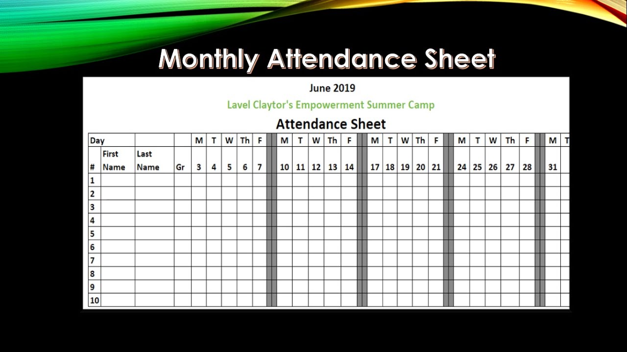 Microsoft Excel, Create a monthly attendance sheet