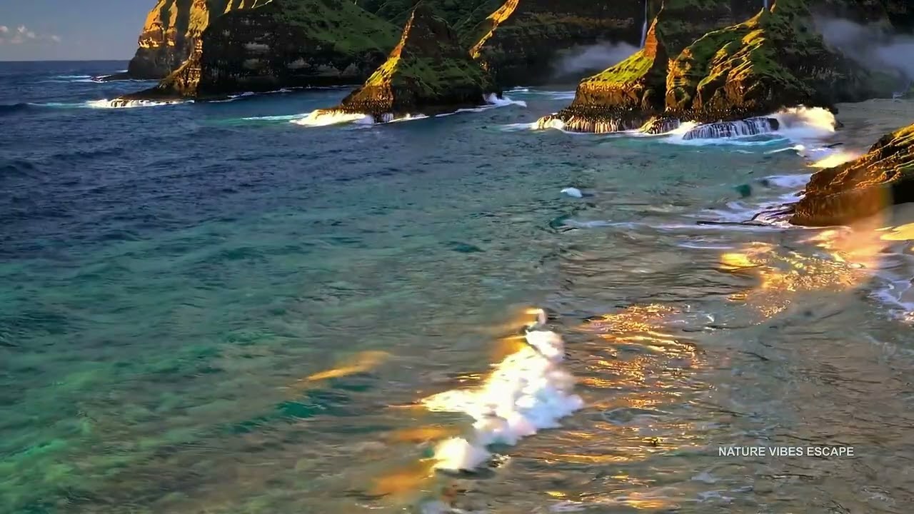 Soothing 🌊 Sunlit Volcanic Shore Waves & Nature Sounds Calm Focus 4K ✨