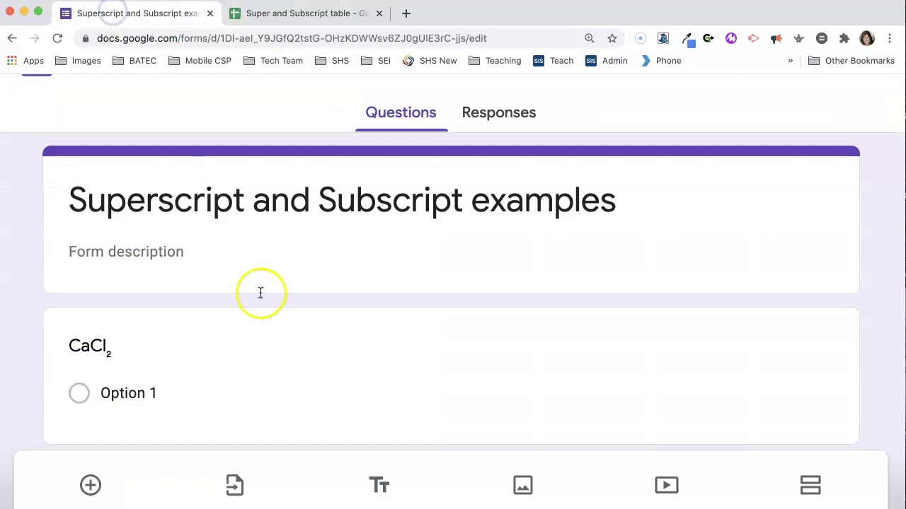 Superscript and subscript in Google Forms