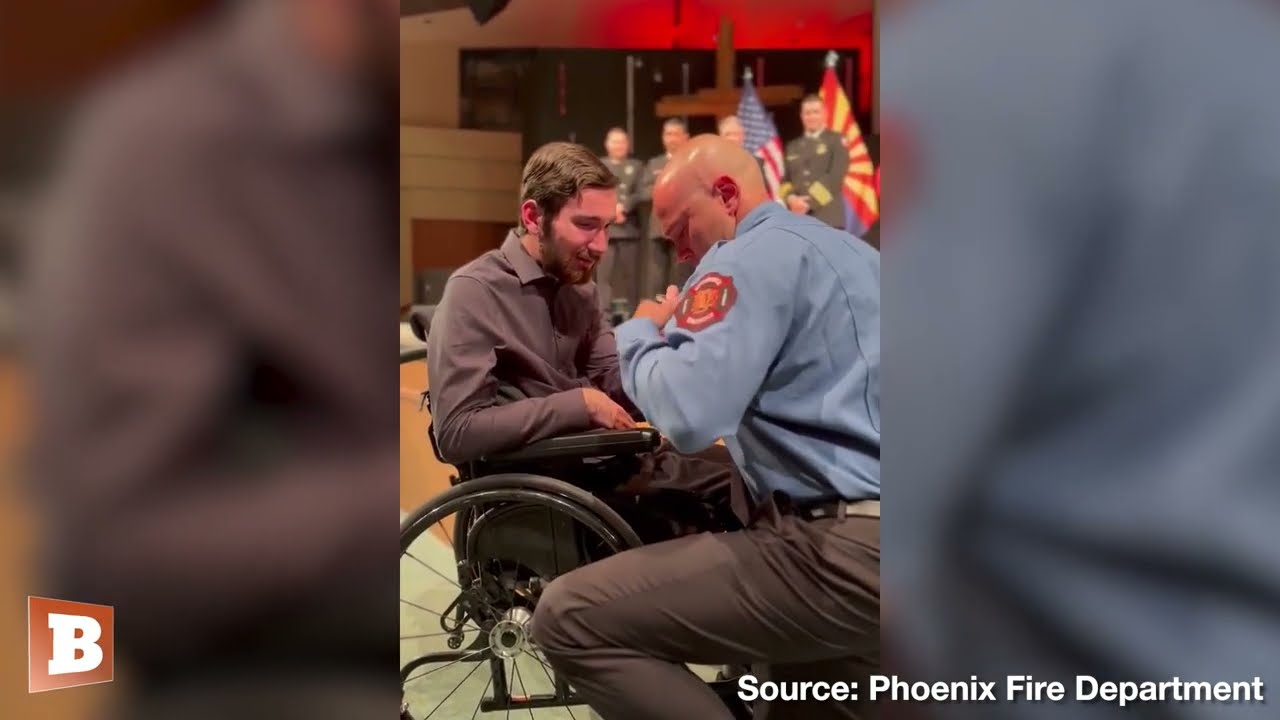 Injured Police Officer Pins Badge on Brother Graduating from Firefighter Training