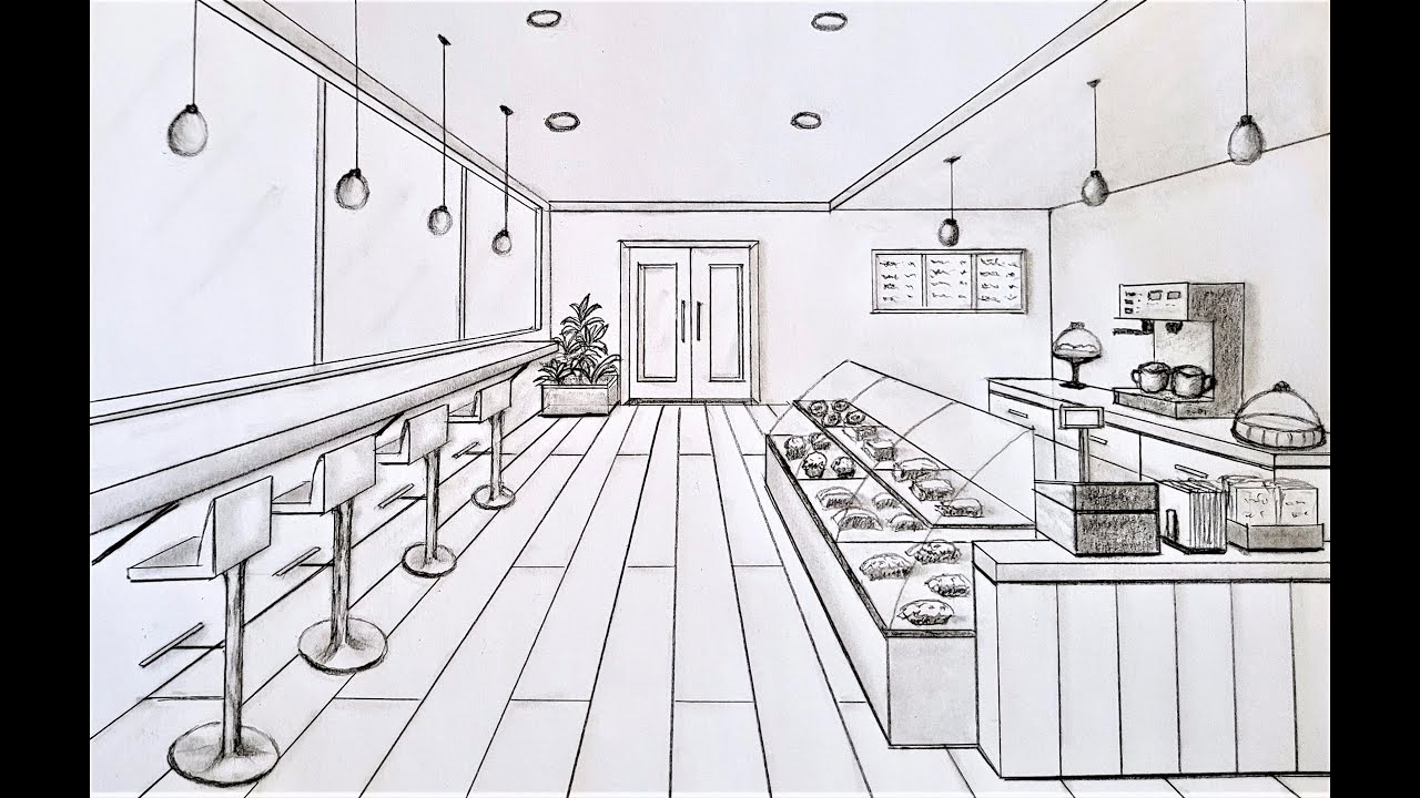How to draw a coffee shop interior in one point perspective