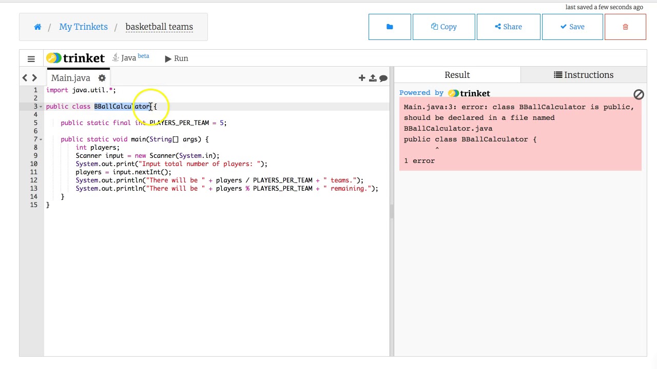 Main.java:3: error on Trinket.io