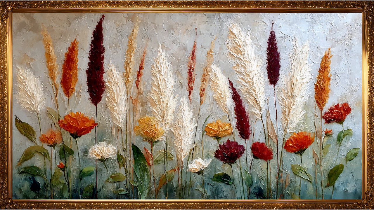 Luxury Textured Floral Wall Art | 3D Flower Painting with Gold Frame for Home Decor