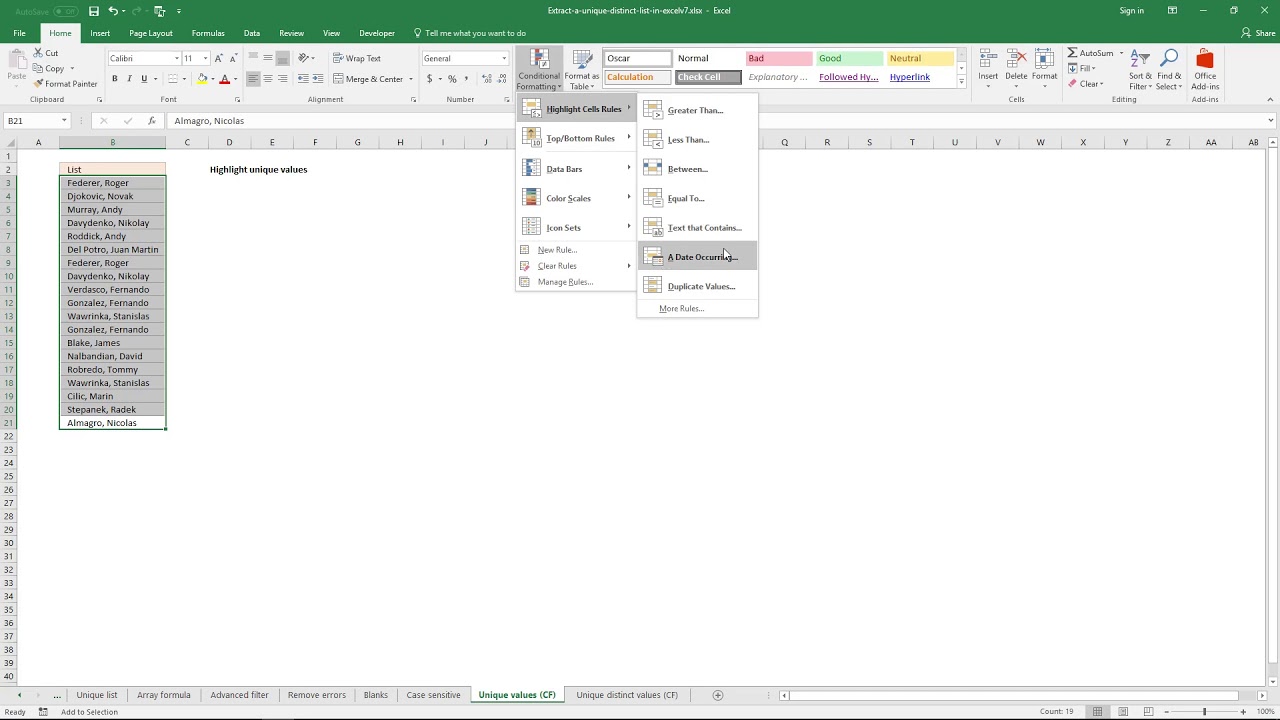 Highlight unique values -  [Conditional Formatting]